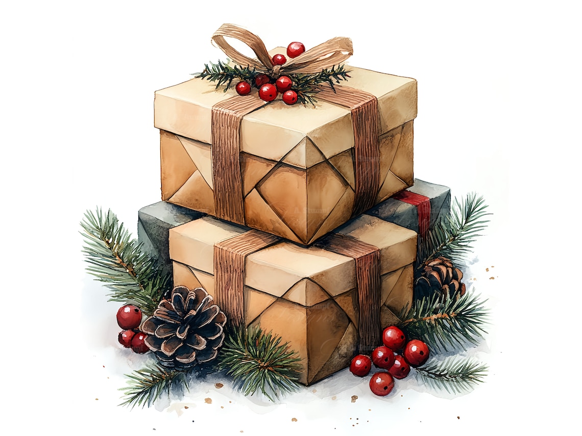 10 Rustic Christmas Gift Box Clipart Set Digital Watercolor Painting ...
