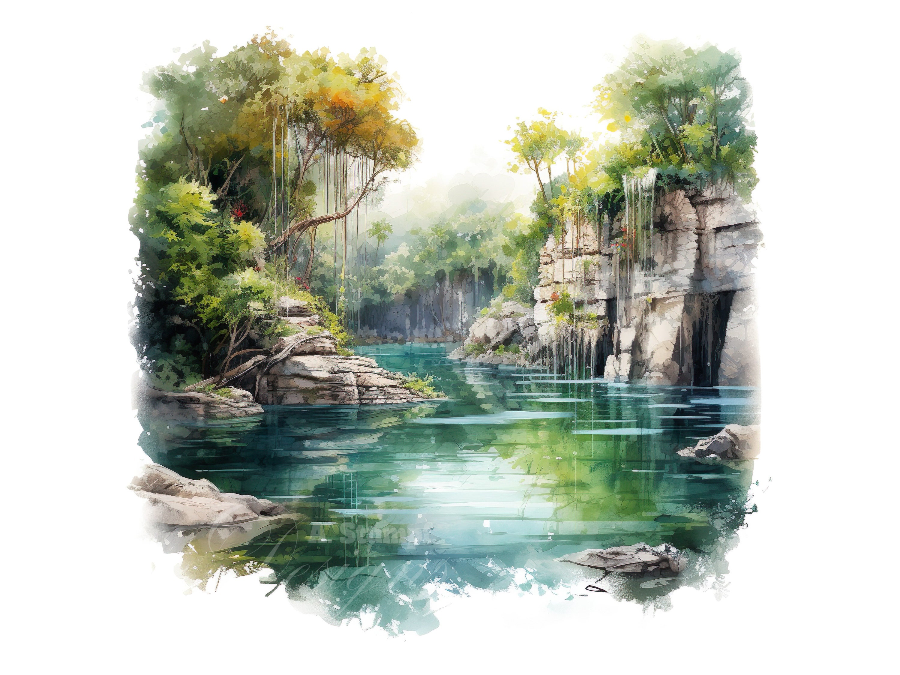 Cenote Landscape, Watercolor Clipart Set, Nature Illustration, Tropical ...