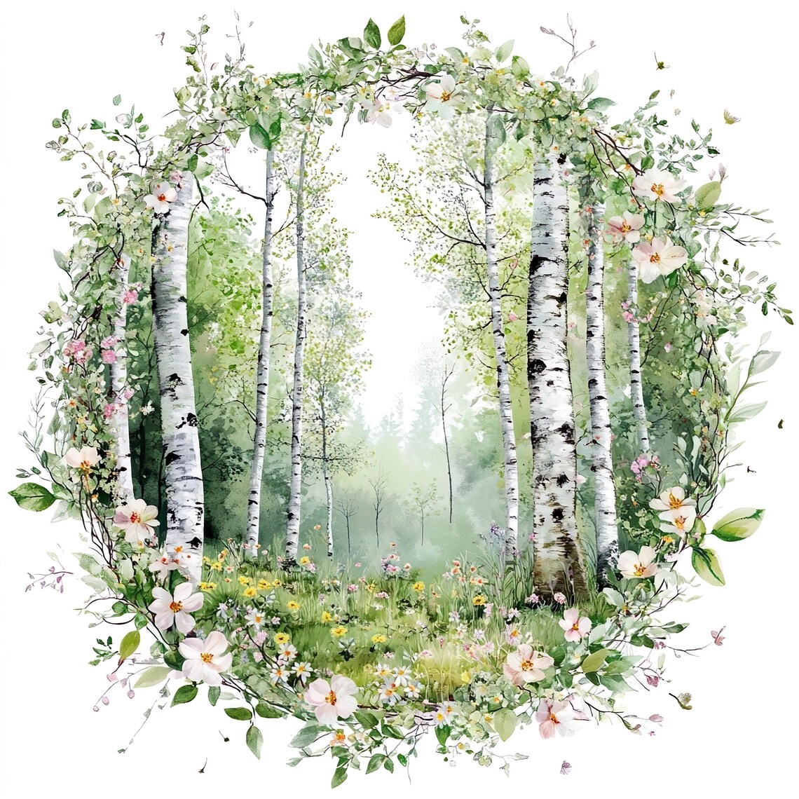 10 Spring Birch Tree Forest Landscape Wreath Clipart Set Digital ...