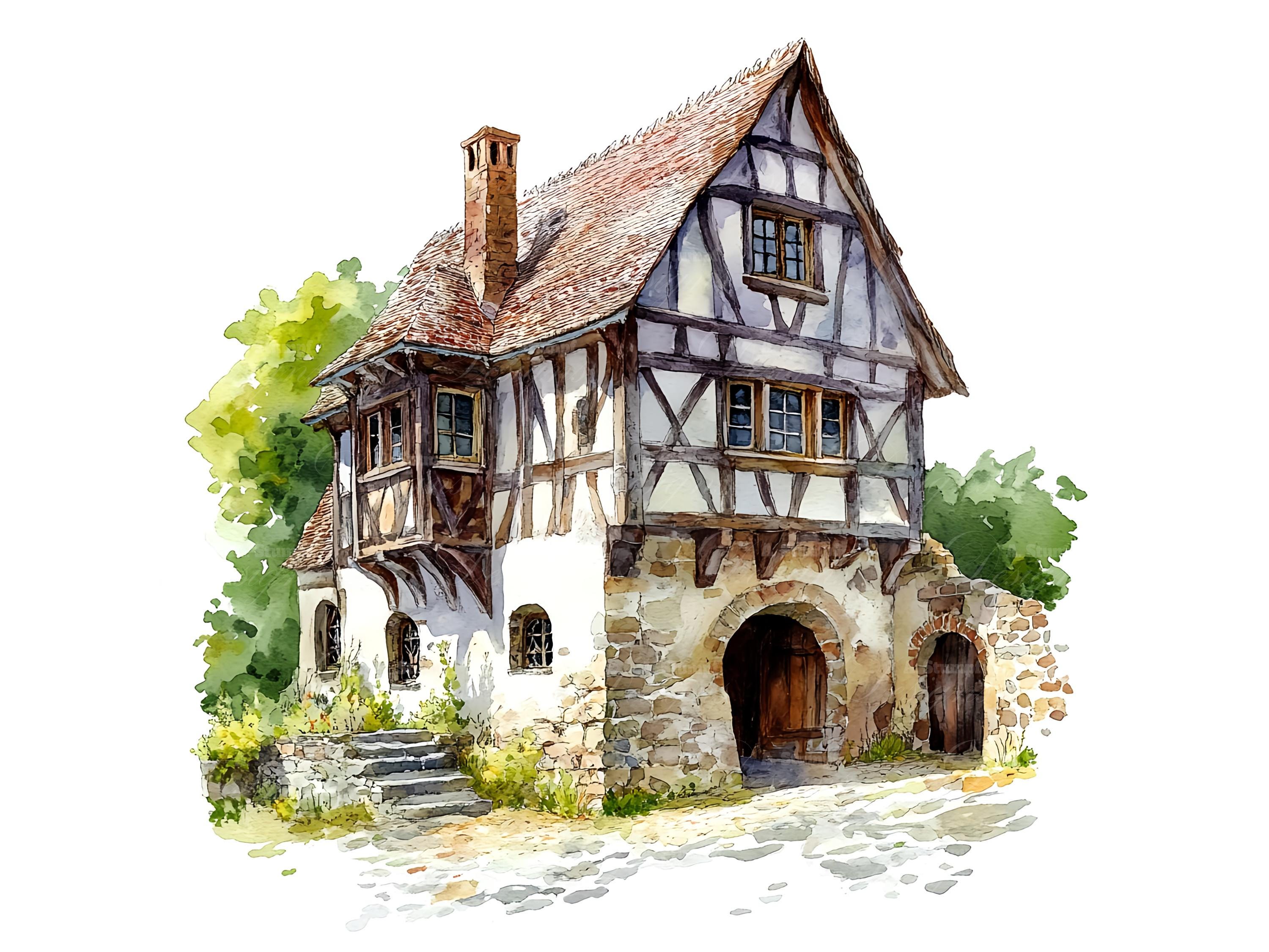 10 Medieval Era House Clipart Set Digital Watercolor Old Cottage ...