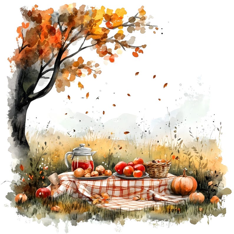 10 Picnic Autumn Scenery Clipart Digital Watercolor Rustic Fall ...
