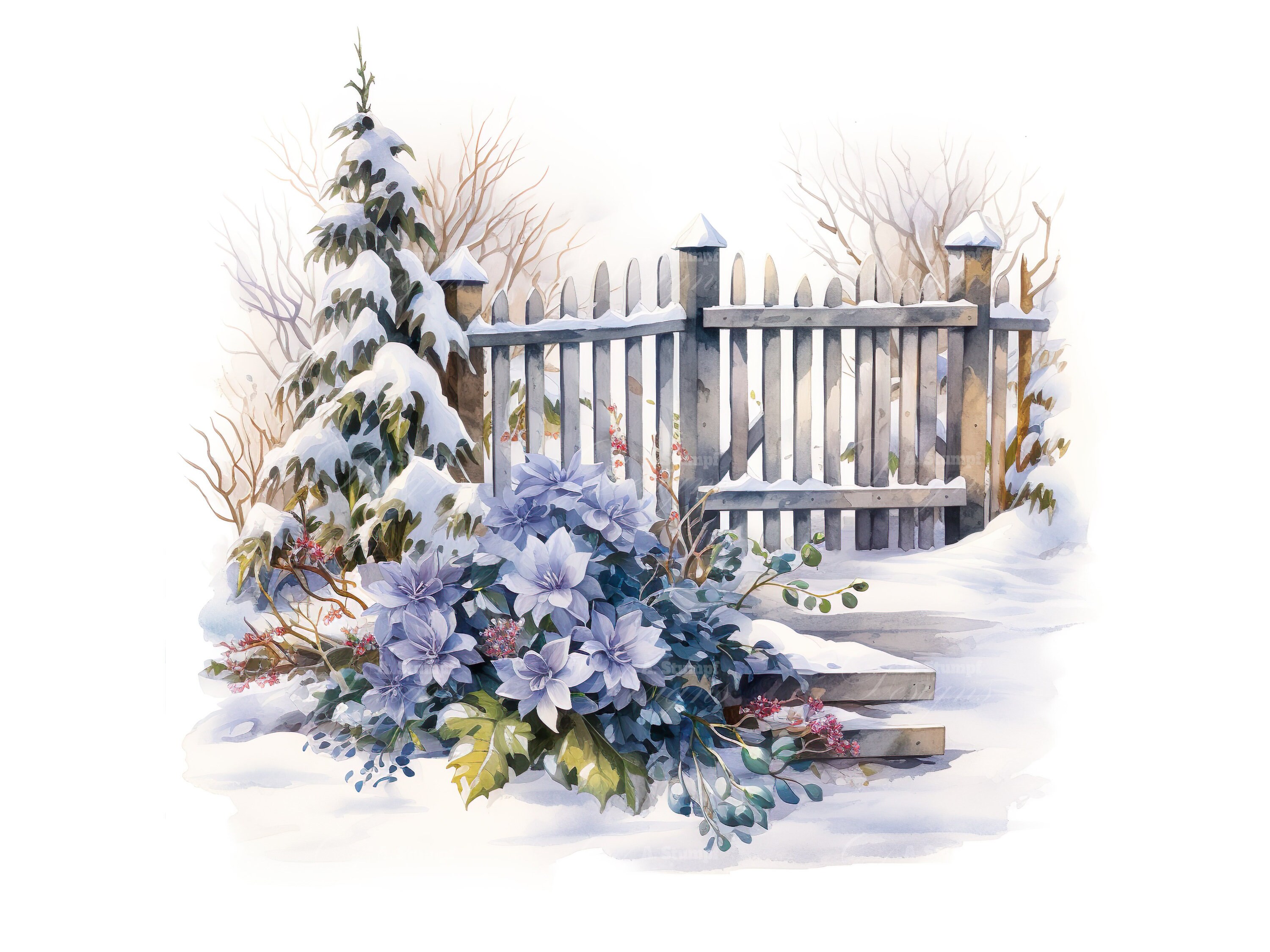 10 Winter Garden Fence Clipart Digital Watercolor Set Seasonal ...