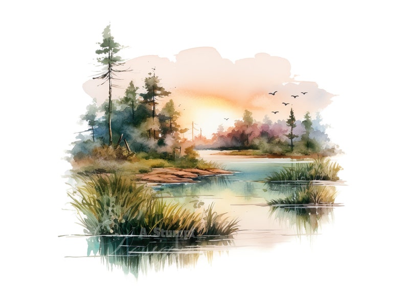 Wetland Landscape Clipart Set, Digital Watercolor Painting, Nature ...
