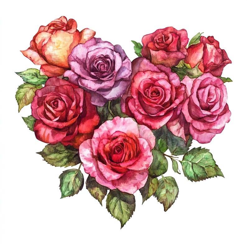 10 Heart Shaped Roses Clipart Set Digital Watercolor Painting Floral ...