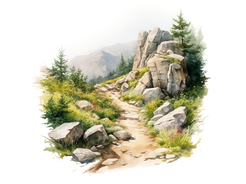 10 Rocky Hiking Trail in Summer Clipart Set Mountain Adventure Clip Art ...