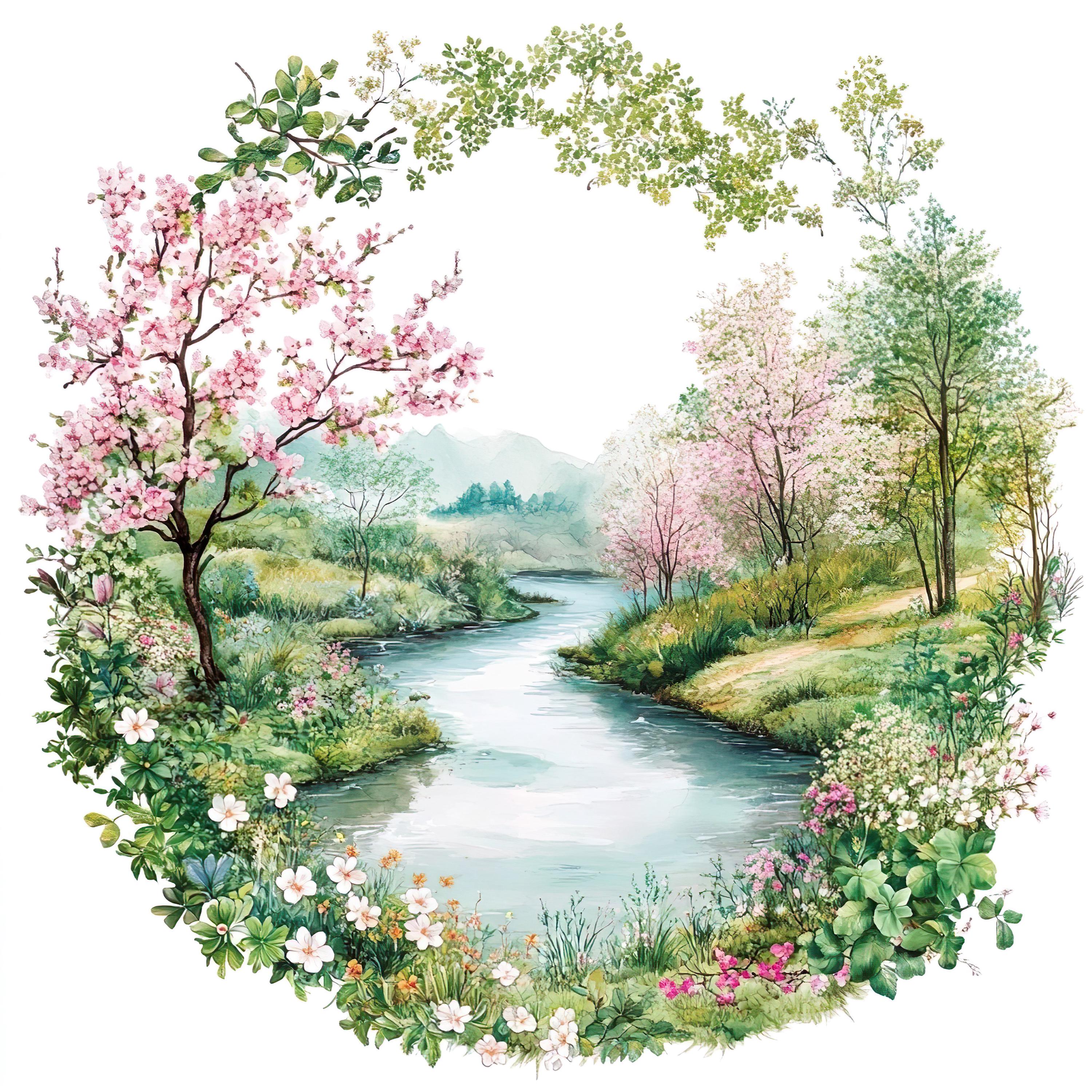 10 Spring River Landscape Clipart Set Digital Watercolor Painting ...