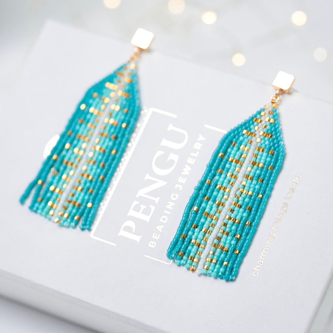 PDF Pattern Beaded Turquoise Fringe Earrings - Brick Stitch & Fringe ...