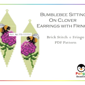Beaded Bumblebee Sitting on Clover Flower Brick Stitch Earrings With Fringe Pattern - Miyuki ...