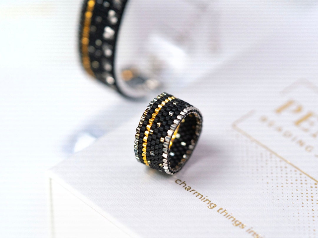 Beaded Black Ring as Seed Bead Ring Pattern - Peyote Ring Beading ...