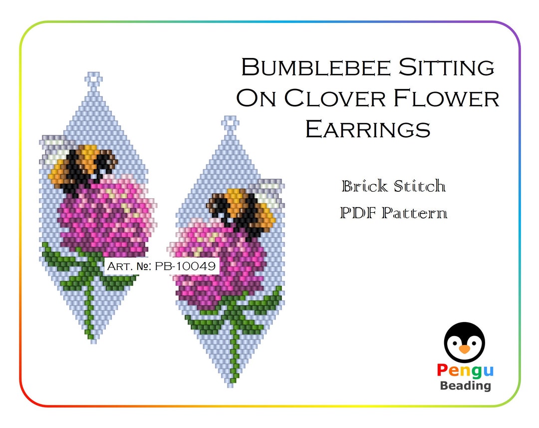 Beaded Bumblebee Sitting on Clover Flower Brick Stitch Earrings - Miyuki Delica Beading Pattern ...