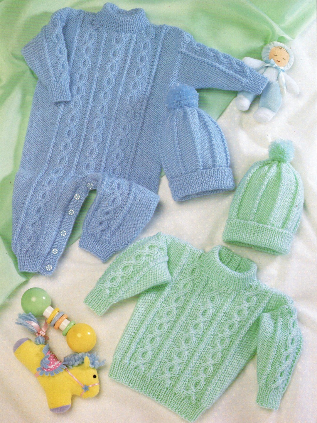 KNITTING PATTERN PREM Baby 14 - 18 Inch Chest Dk Playsuit Jumper & Hat ...