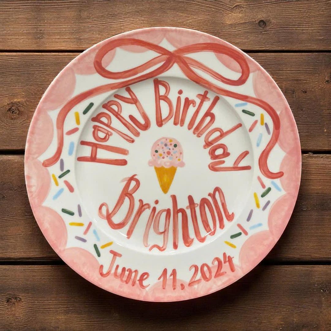 Girls Preppy Birthday Plate / Blue Gingham and Ribbon Bow / First ...