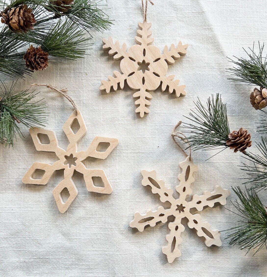 Wooden Snowflake Christmas Tree Ornaments - Hand Crafted 3 Piece Set ...
