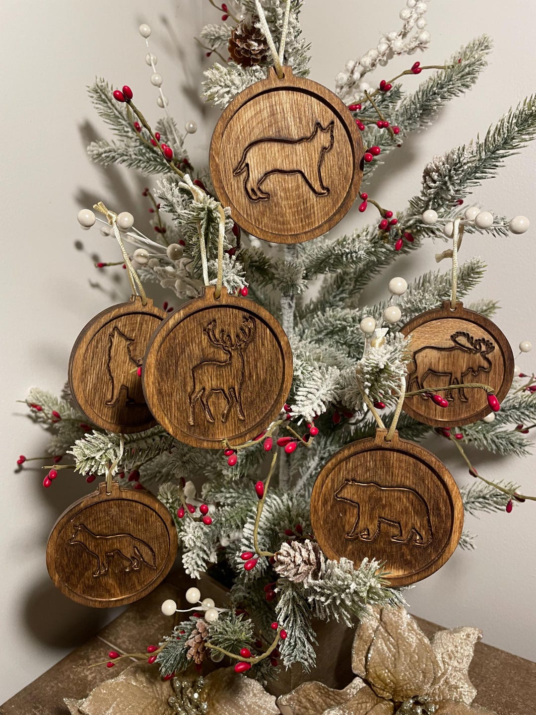 Rustic Wooden Woodland Animals Christmas Tree Ornaments • 6 Piece Wood ...