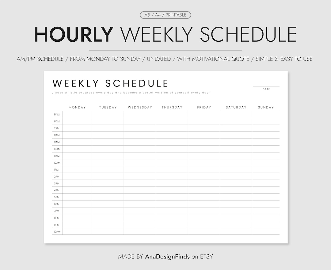 Hourly Weekly Schedule, Printable Planner, Daily Planner, Digital ...