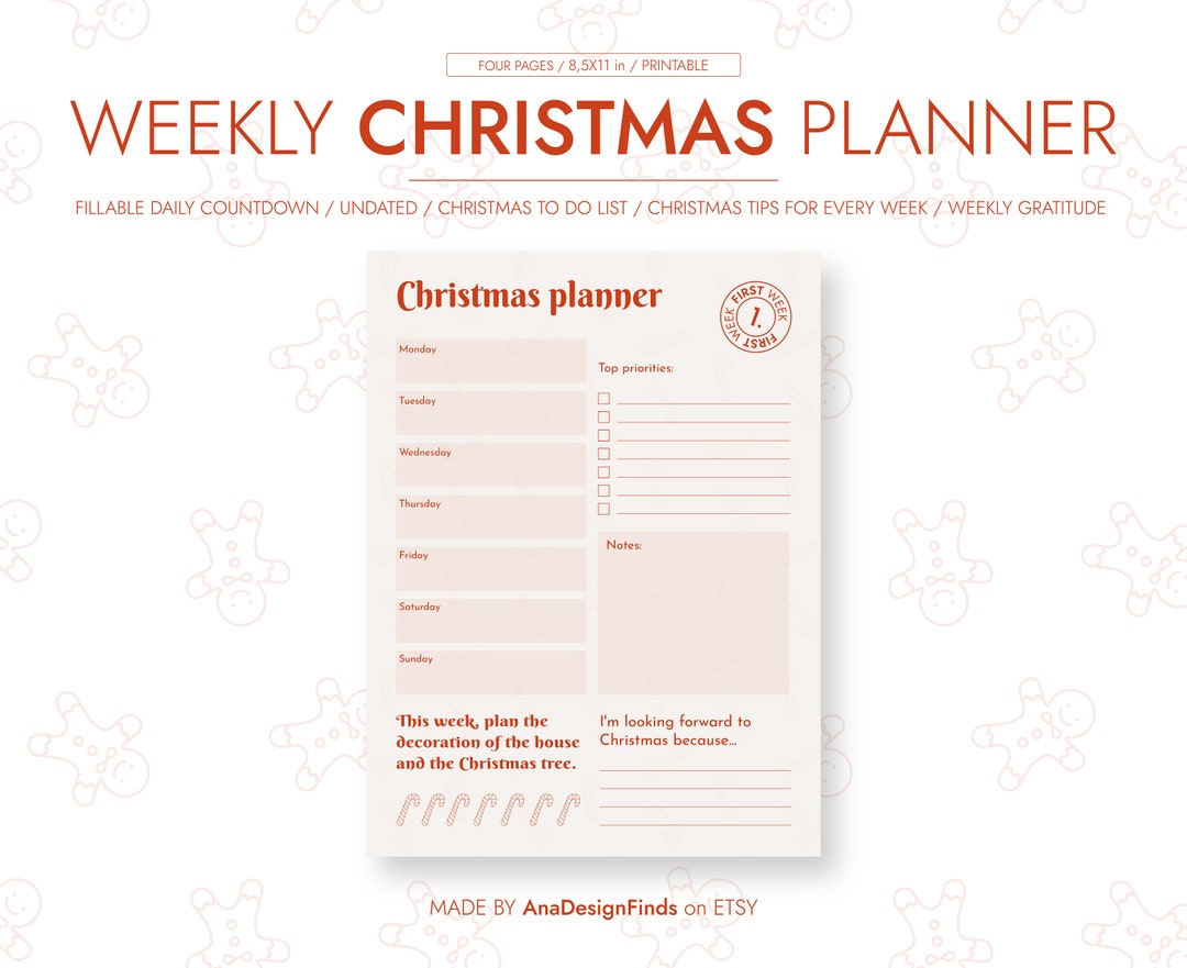 Christmas Weekly Planner Printable, Countdown Calendar, Holiday, Xmas ...