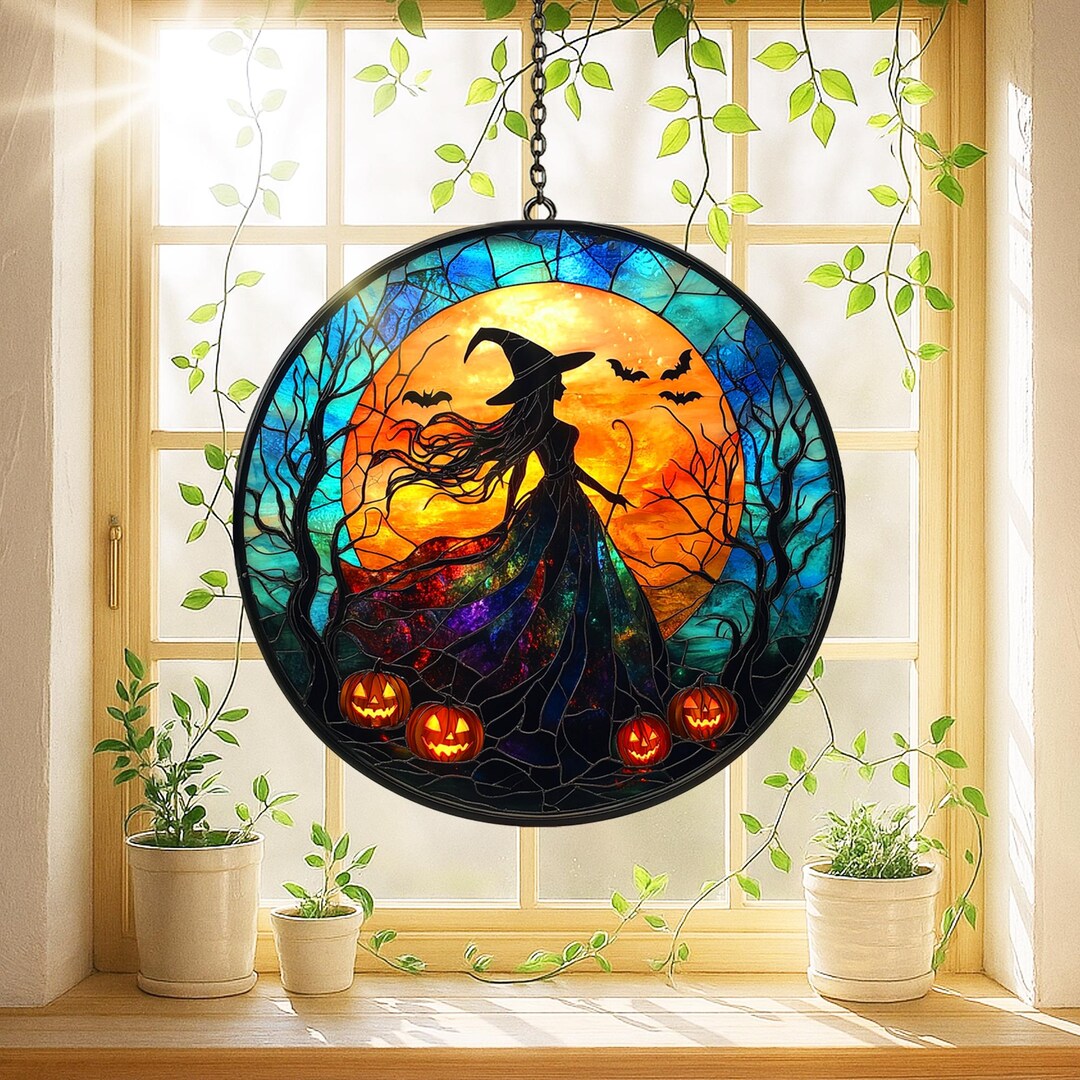 Witch Halloween GLASS SUNCATCHER Witches Acrylic Window Hanging ...