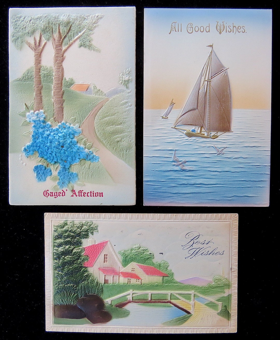 Three Colorful Antique Embossed Greetings Postcards With a Sailboat ...