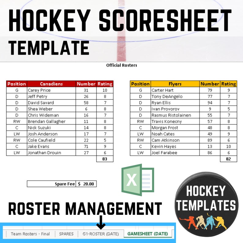 Hockey Score Sheet Template, Team Roster, Player Management, Spare List ...