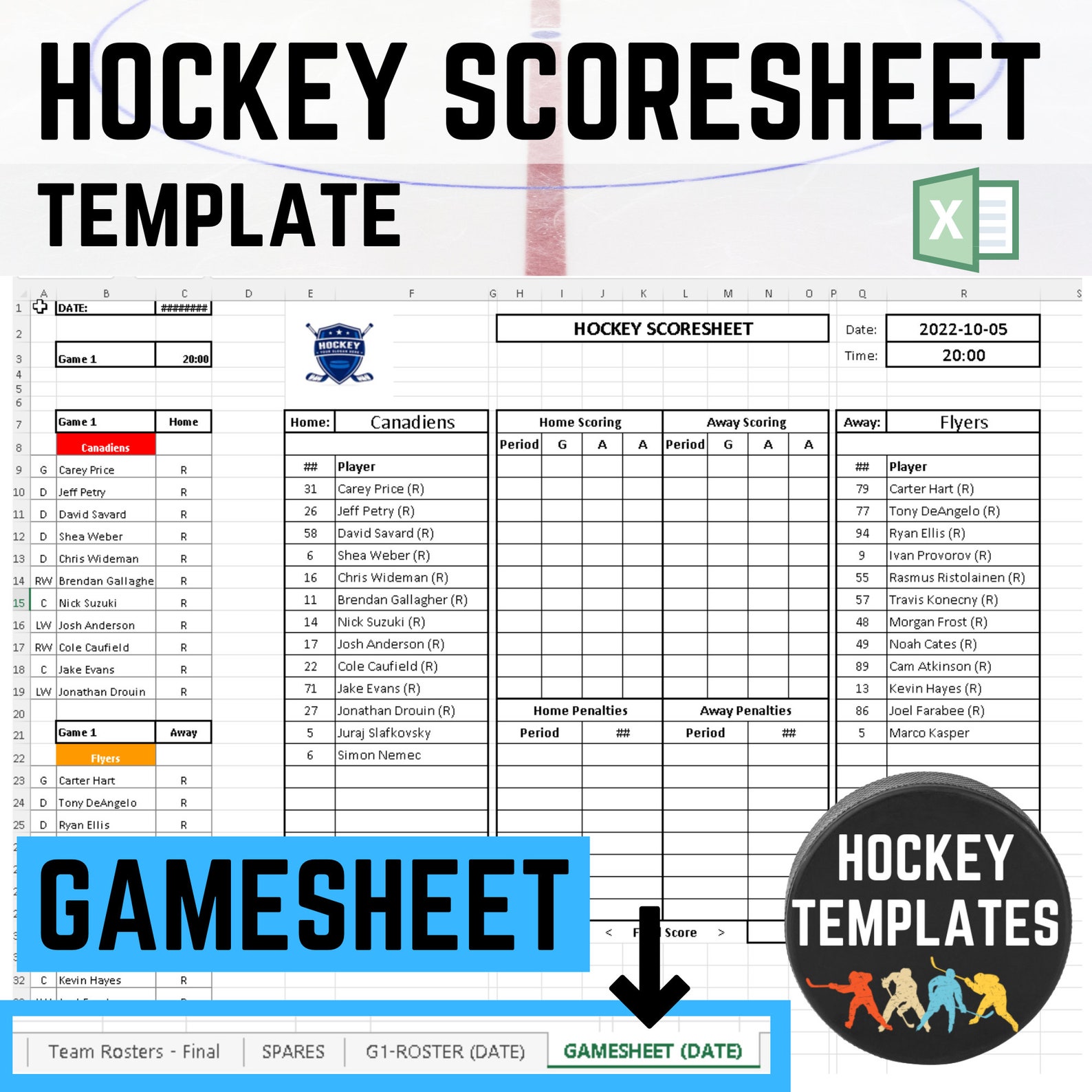 Hockey Score Sheet Template, Team Roster, Player Management, Spare List ...