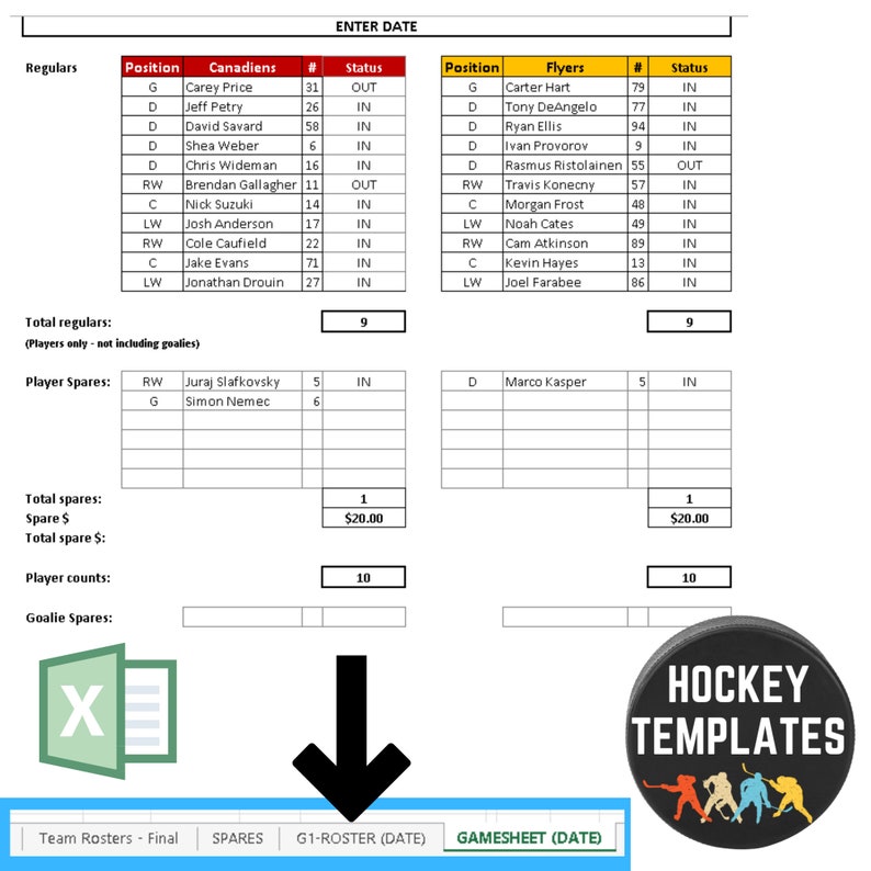 Hockey Score Sheet Template, Team Roster, Player Management, Spare List ...