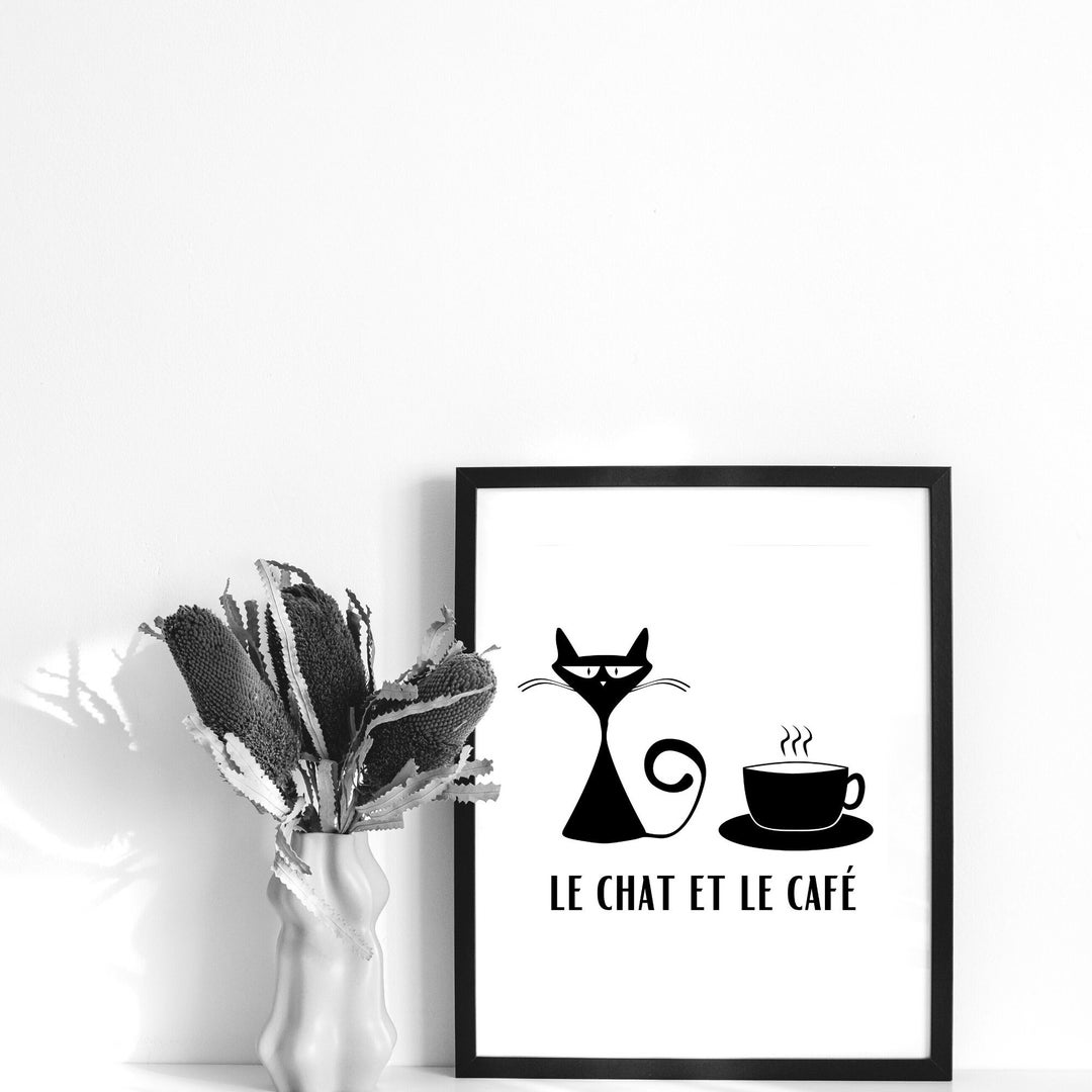 Retro Cat Print, the Cat and the Coffee Black and White Print, Le Chat ...