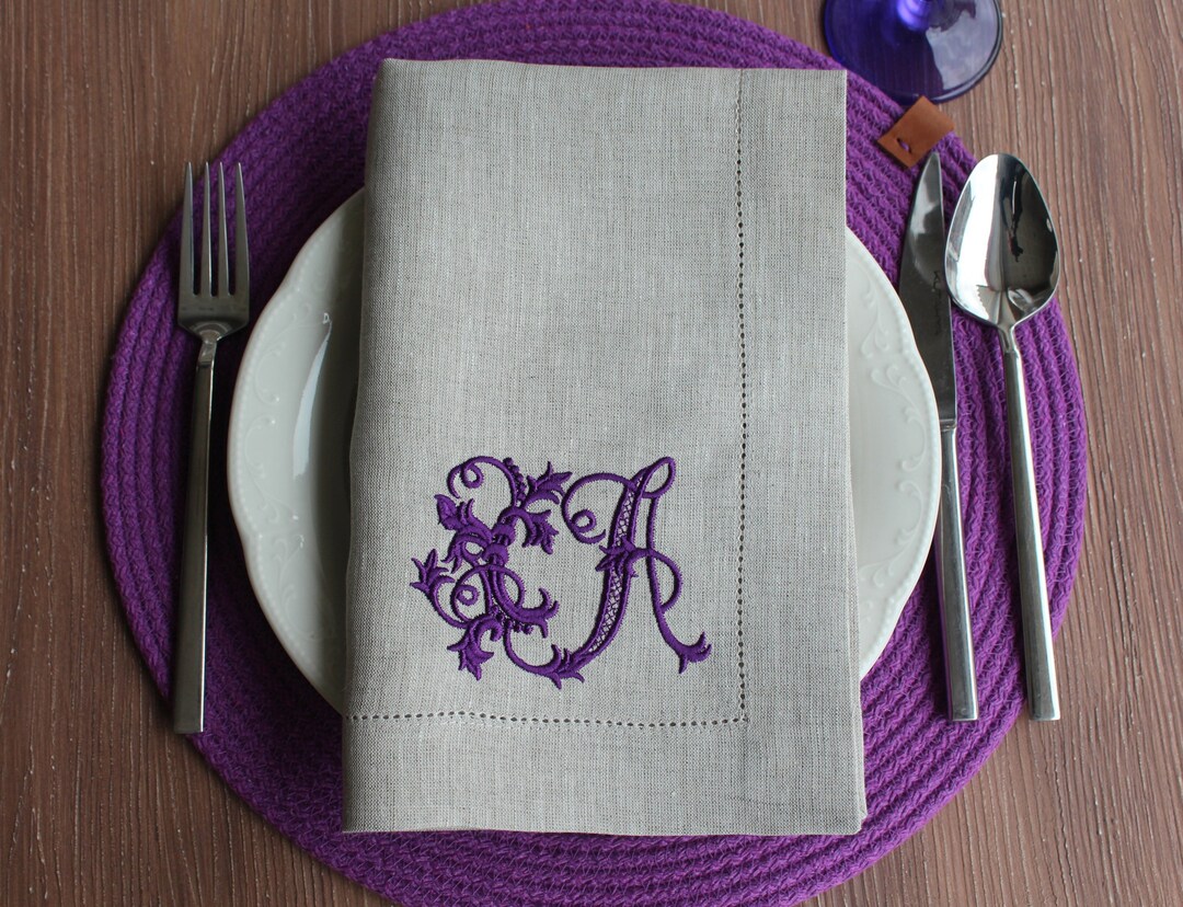 Purple Monogrammed Linen Napkin, Wedding Linen Napkin, Customized Linen ...