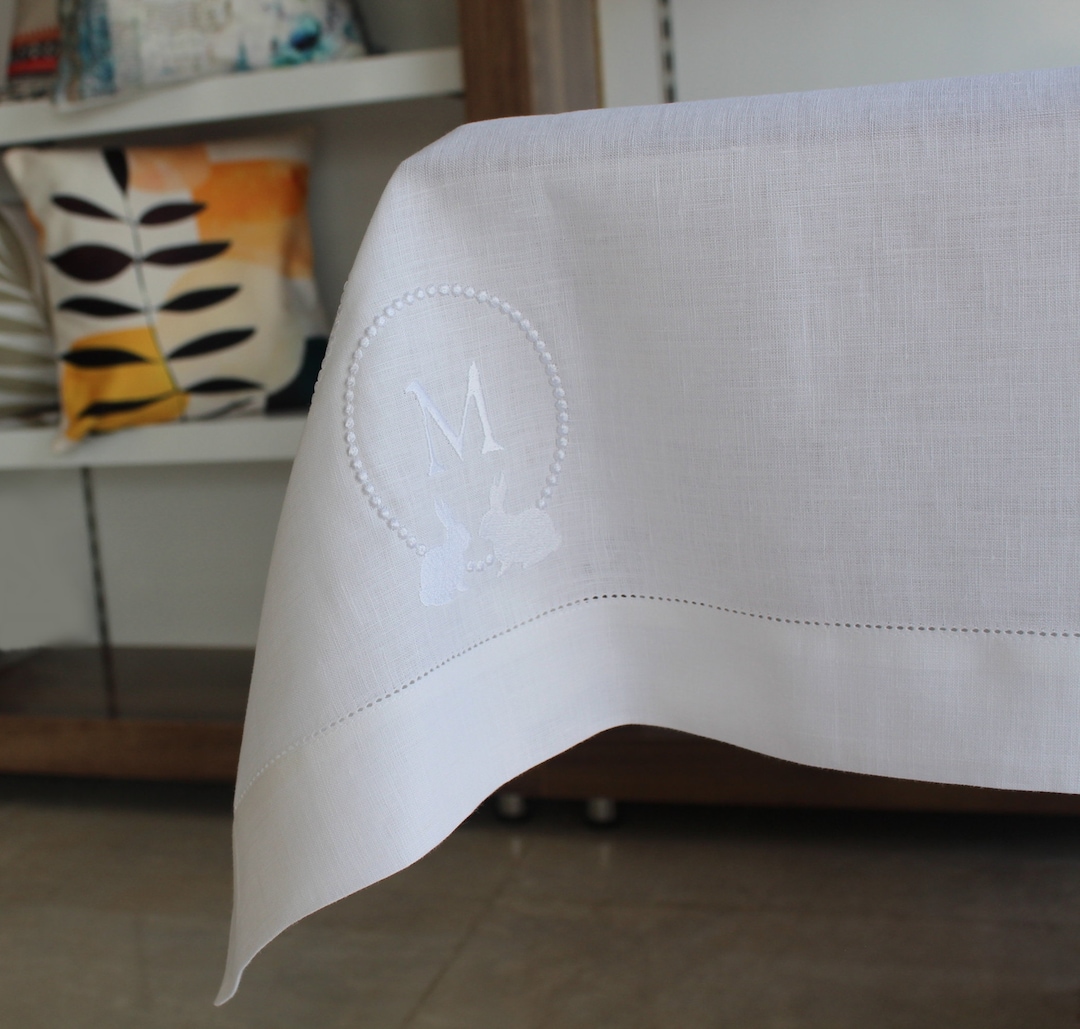 Bunny Embroidered Linen Tablecloth, Logo Embroidered Linen Table Cloth ...