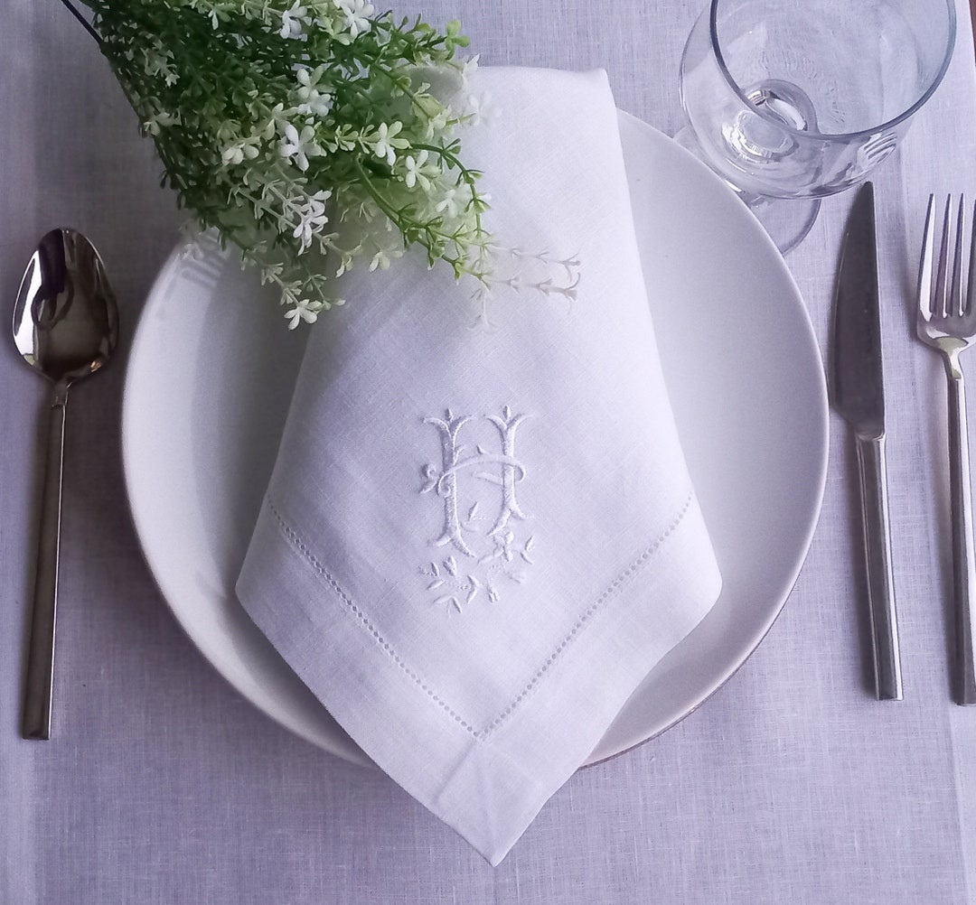 White Monogrammed Wedding Napkin, Custom Linen Napkin, Personalized ...