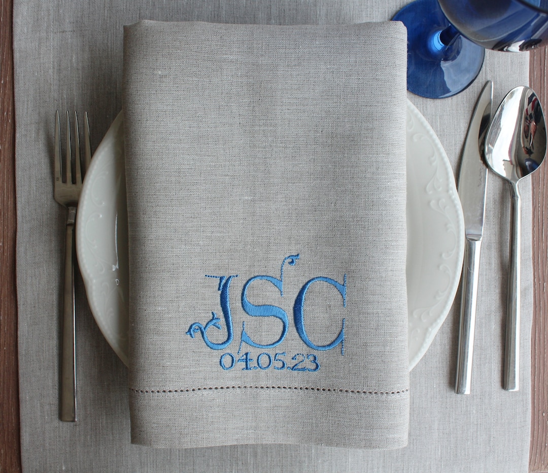 Date Embroidered Linen Wedding Napkin, Three Letter Monogrammed Napkin ...