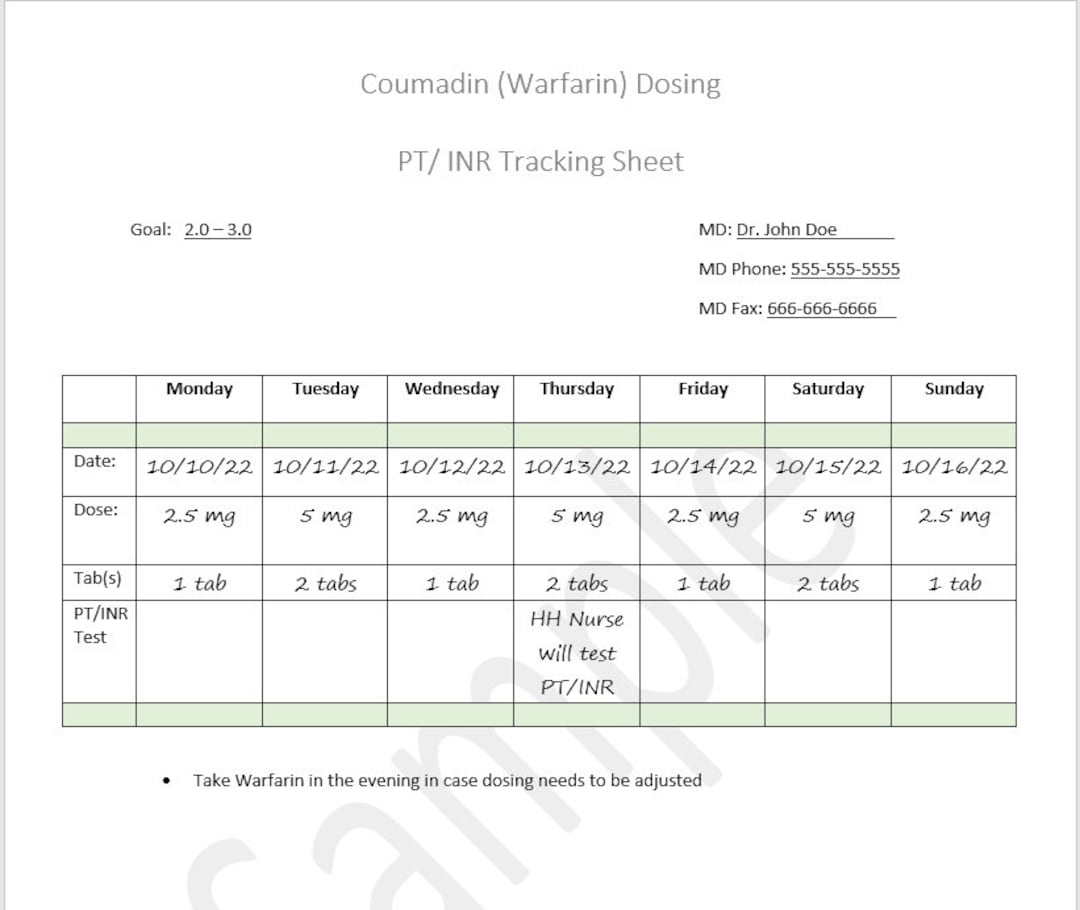 Coumadin warfarin Dosing / PT/INR Tracking Sheet - Etsy