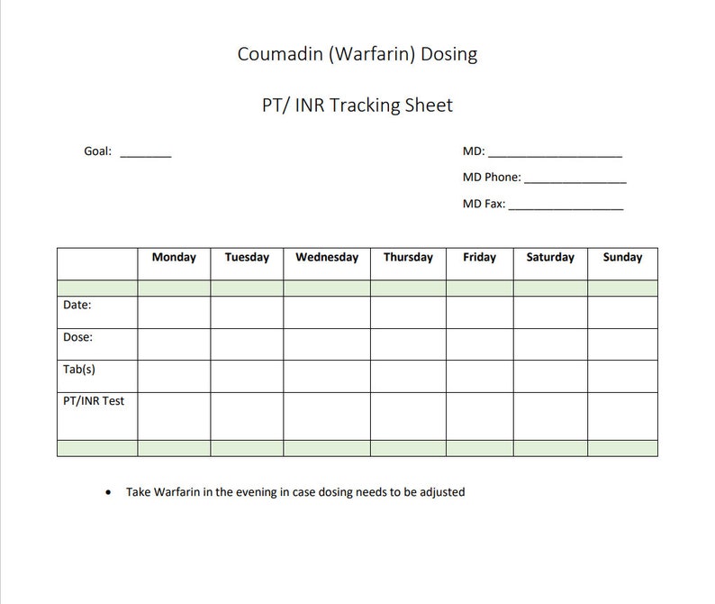 Coumadin warfarin Dosing / PT/INR Tracking Sheet - Etsy