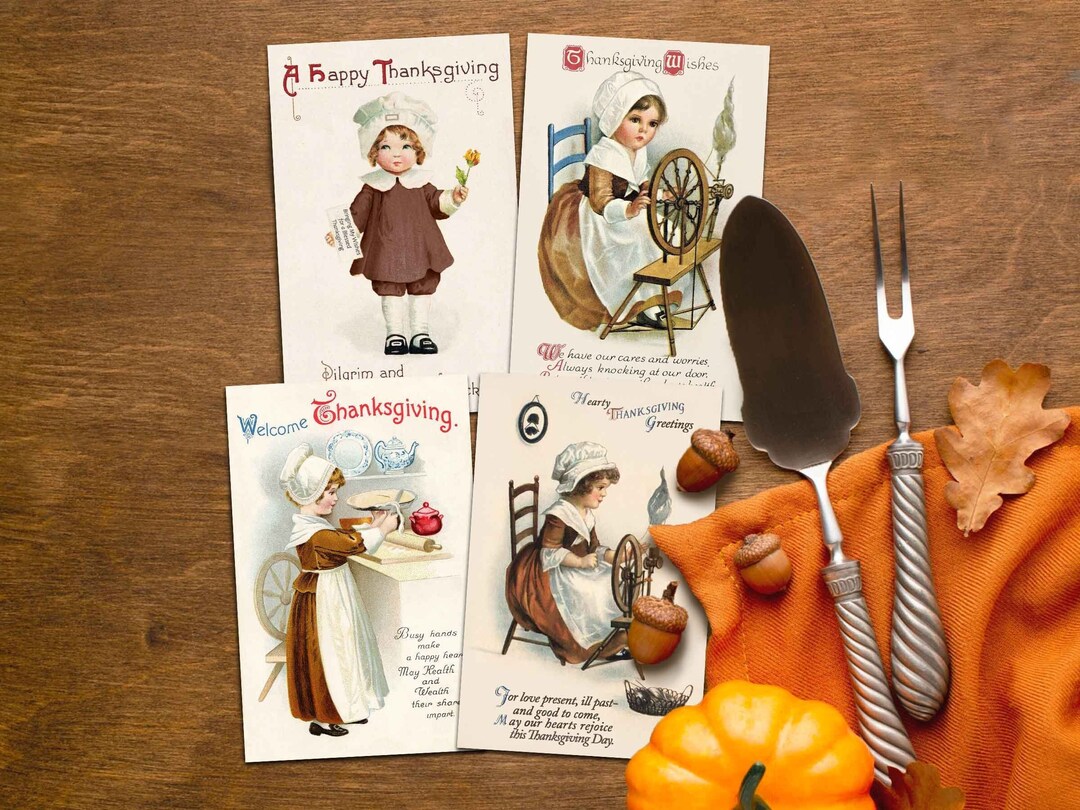 Printable Vintage Thanksgiving Postcards, Pilgrim Girls Victorian ...