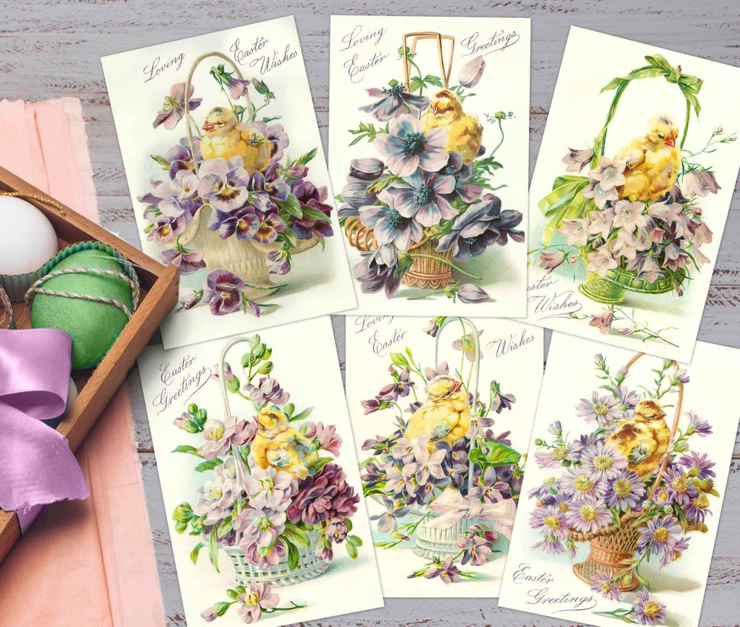 Printable Vintage Easter Postcards. Flower Baskets With Chicks Graphics ...