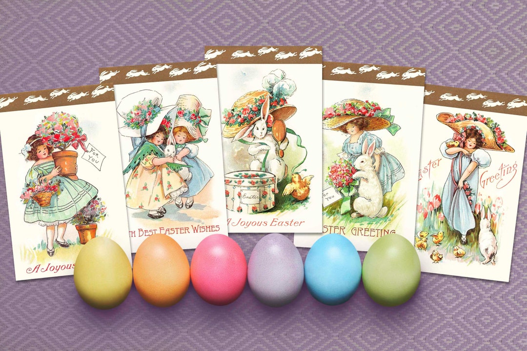 Printable Vintage Easter Postcards Girls in Easter Bonnets With Borders ...