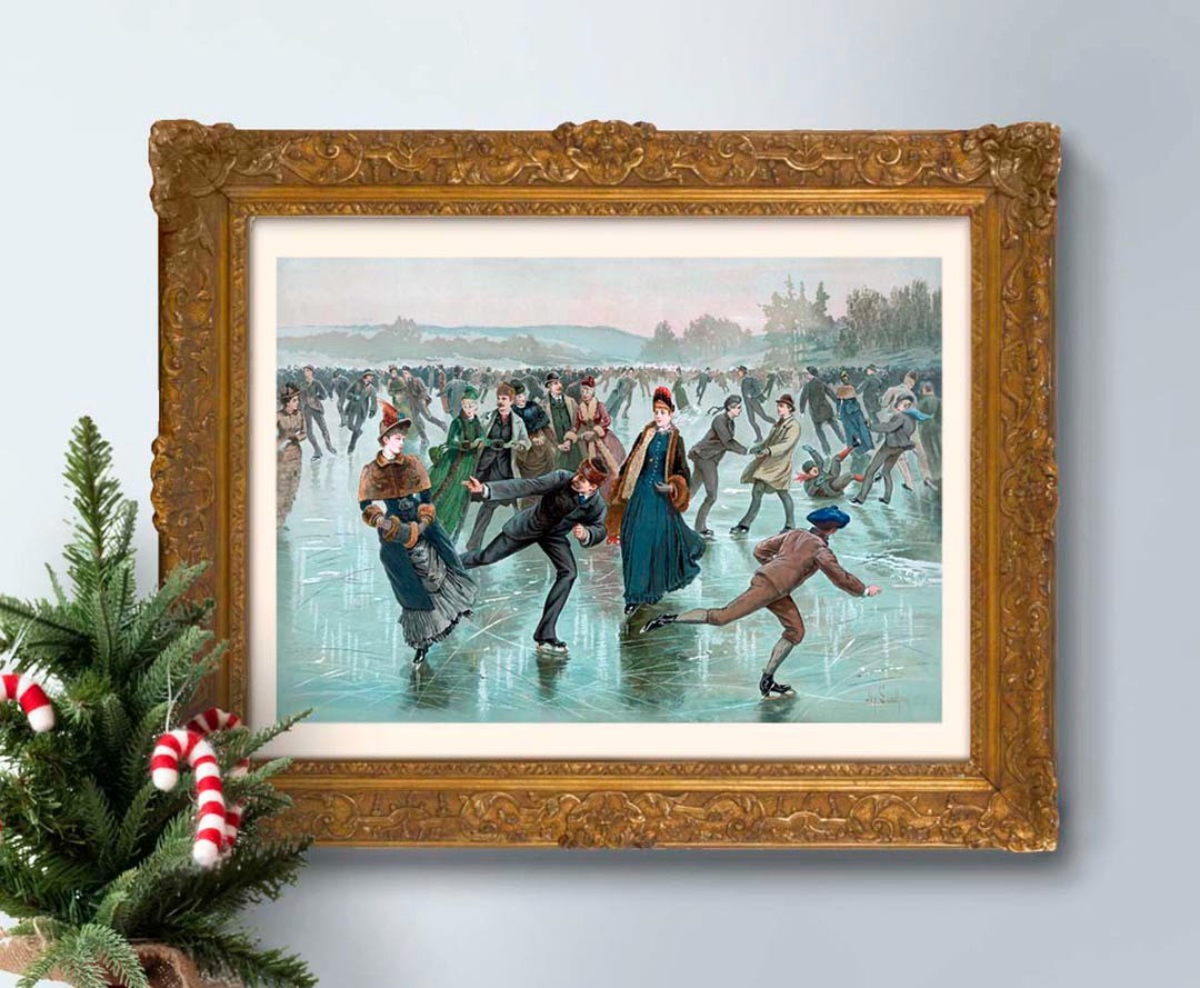Victorian Christmas Rustic Ice Skating Print, Vintage Holiday Wall Art ...