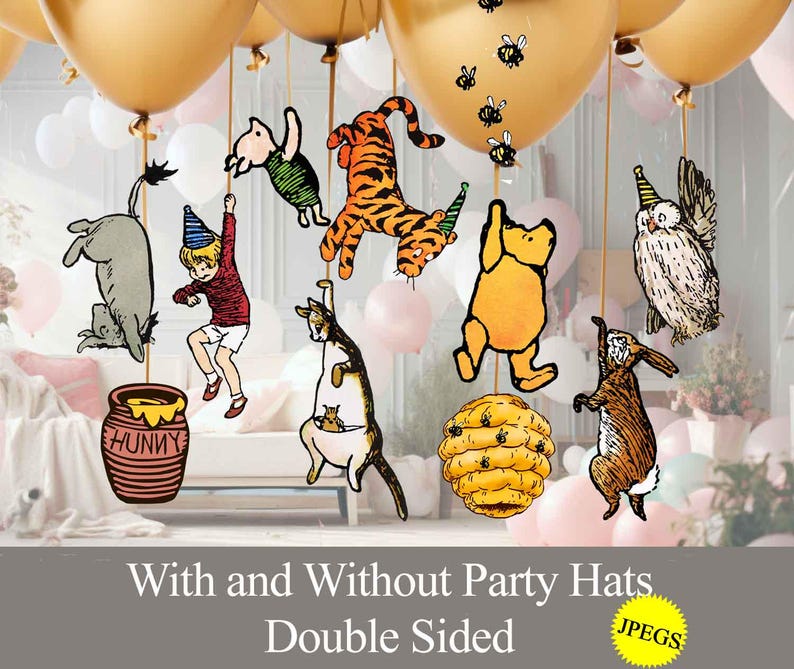 Classic Winnie the Pooh Clip Art Holding Balloons Hanging Characters ...