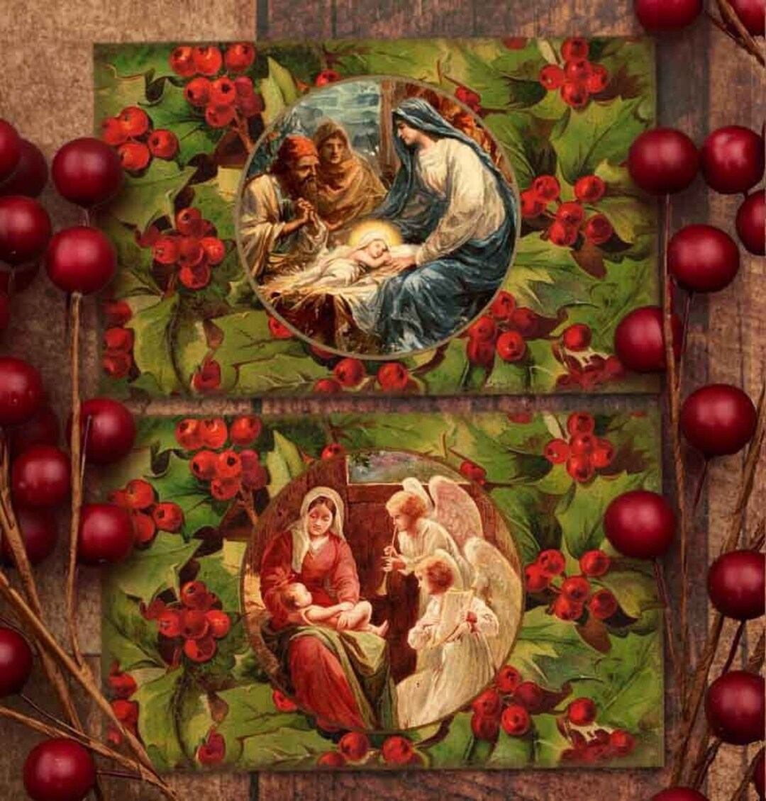 Printable Vintage Christmas Postcards. Victorian Nativity and Holly ...