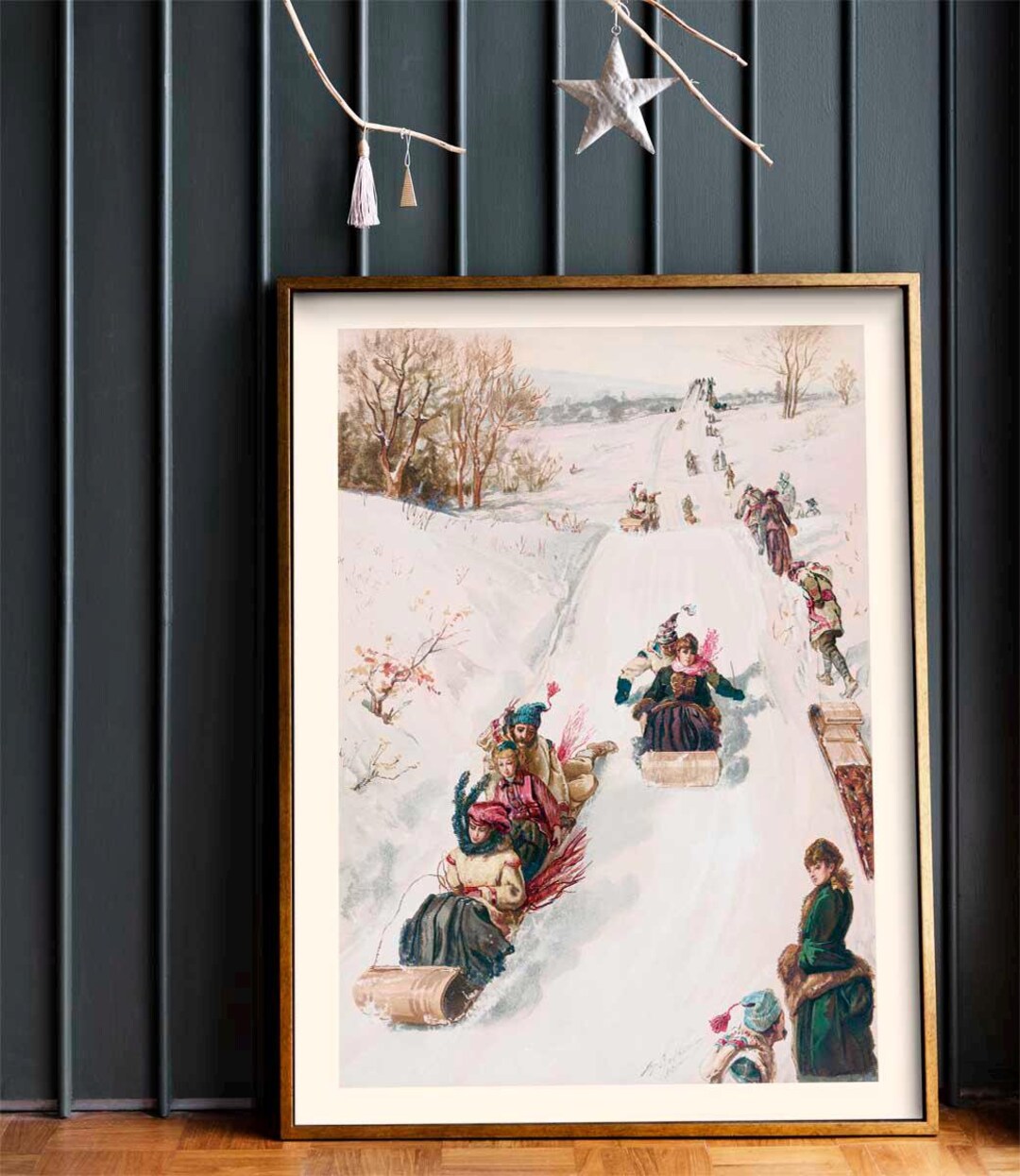 Victorian Christmas Rustic Sledding Print, Vintage Holiday Wall Art ...