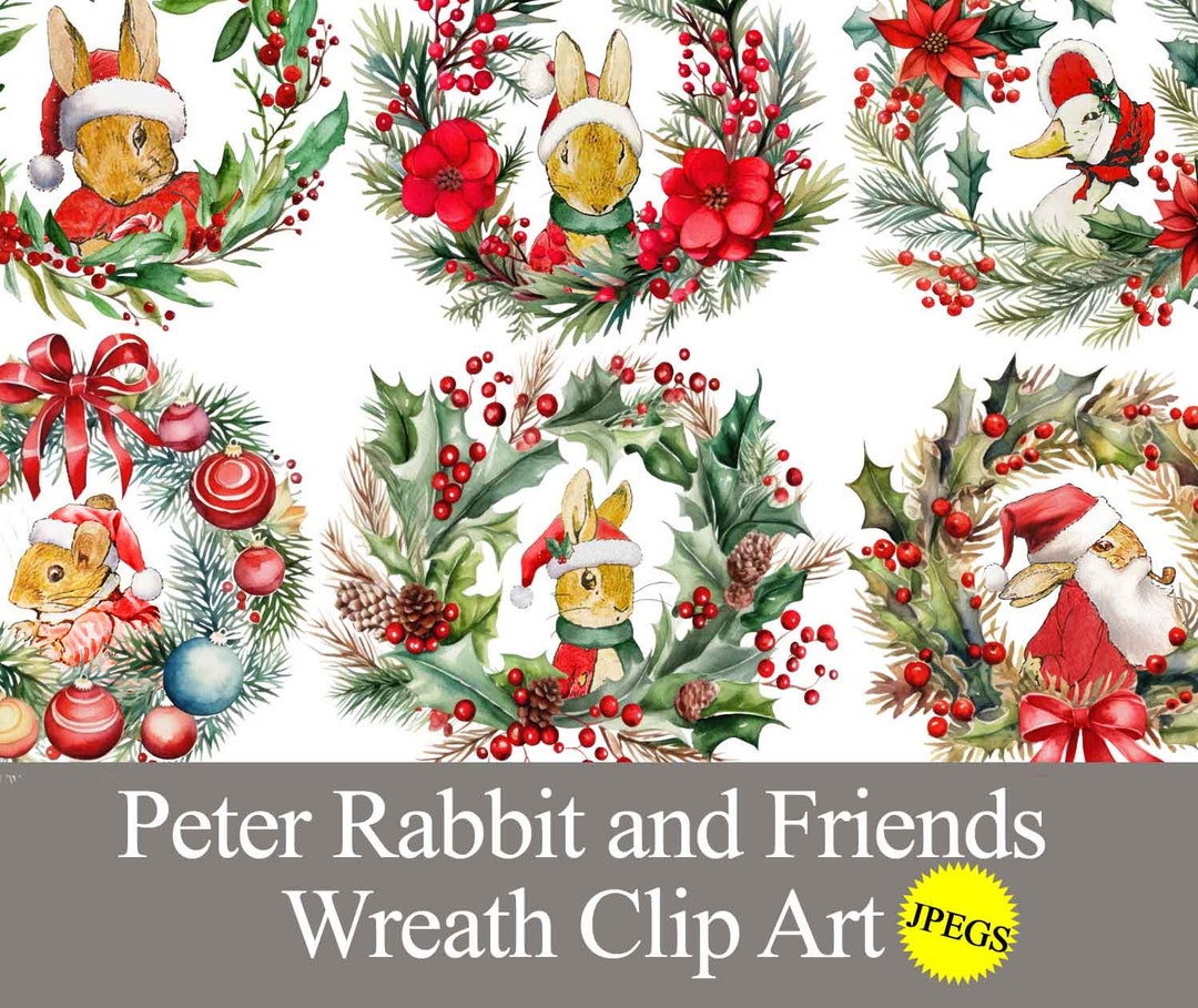 Peter Rabbit Christmas Wreath Clip Art JPEG Watercolor Graphics for ...
