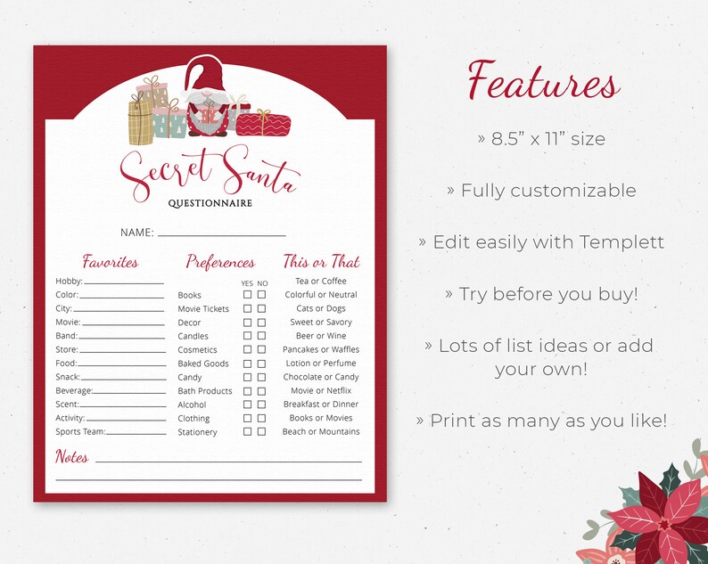 Printable Secret Santa Questionnaire, Kids Editable Secret Santa Gift ...