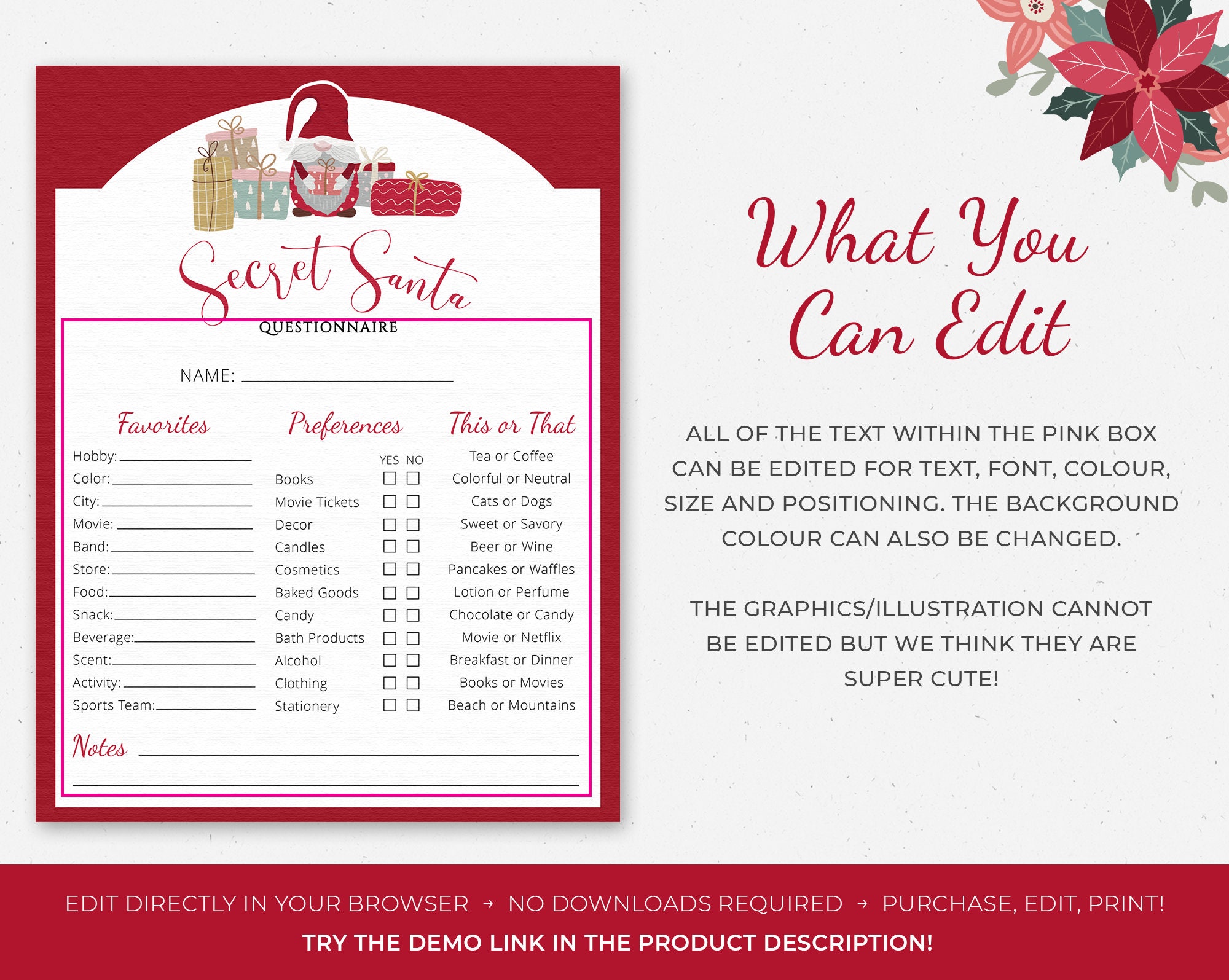 Printable Secret Santa Questionnaire, Kids Editable Secret Santa Gift ...