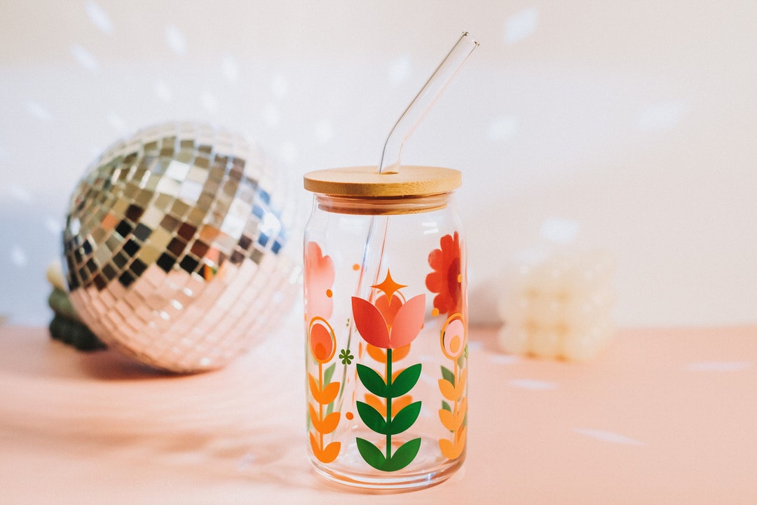 Groovy Floral Glass Can Cup, Retro Pattern Glass Cup, Groovy Pattern ...