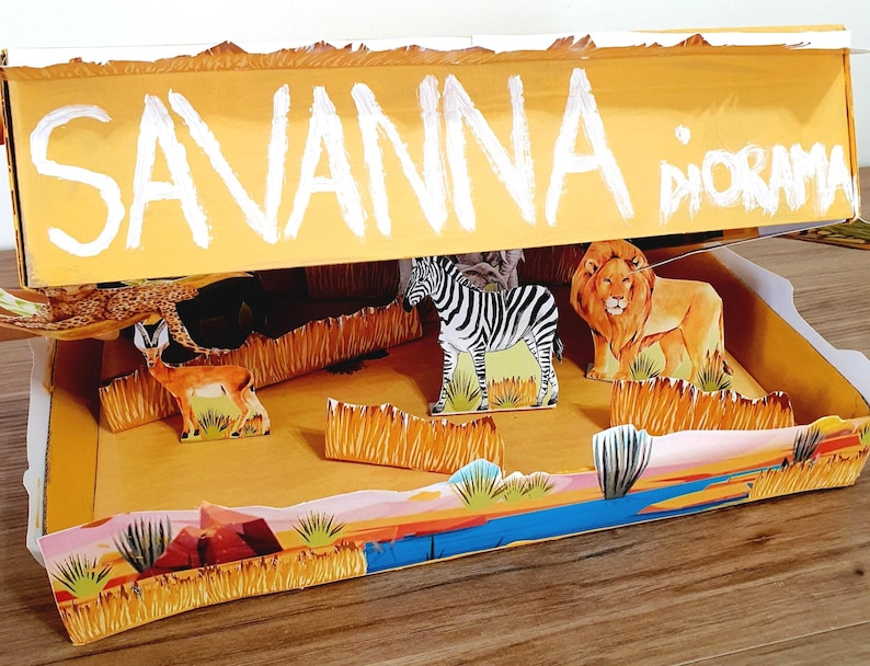Printable Shoebox Savanna Diorama: Zebra Elephant Lion Tiger Habitat ...