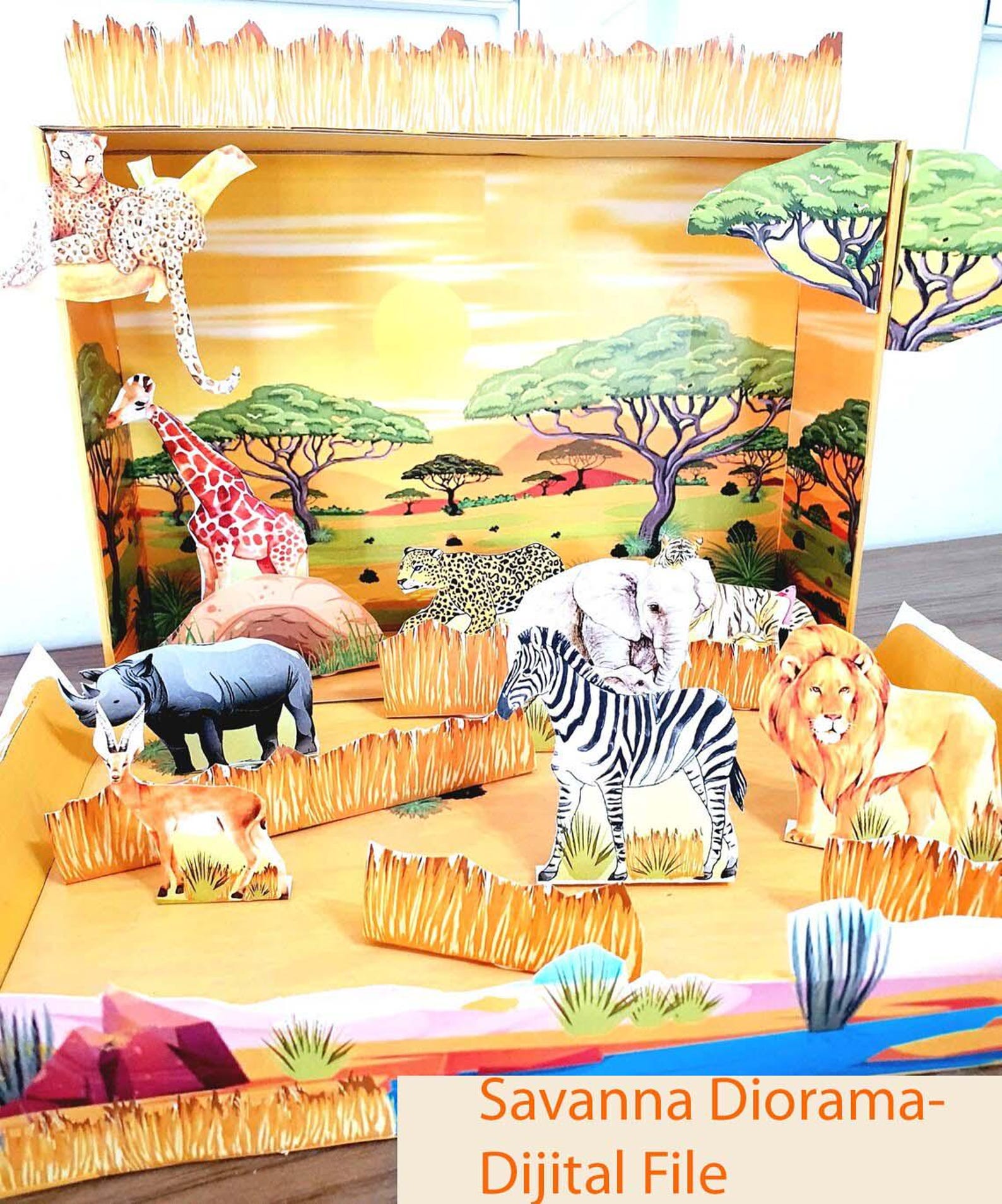 Printable Shoebox Savanna Diorama: Zebra Elephant Lion Tiger Habitat ...