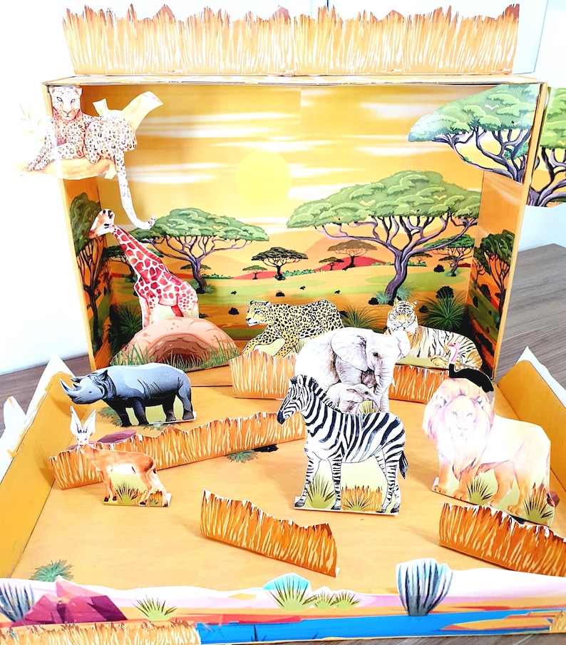 Printable Shoebox Savanna Diorama: Zebra Elephant Lion Tiger Habitat ...