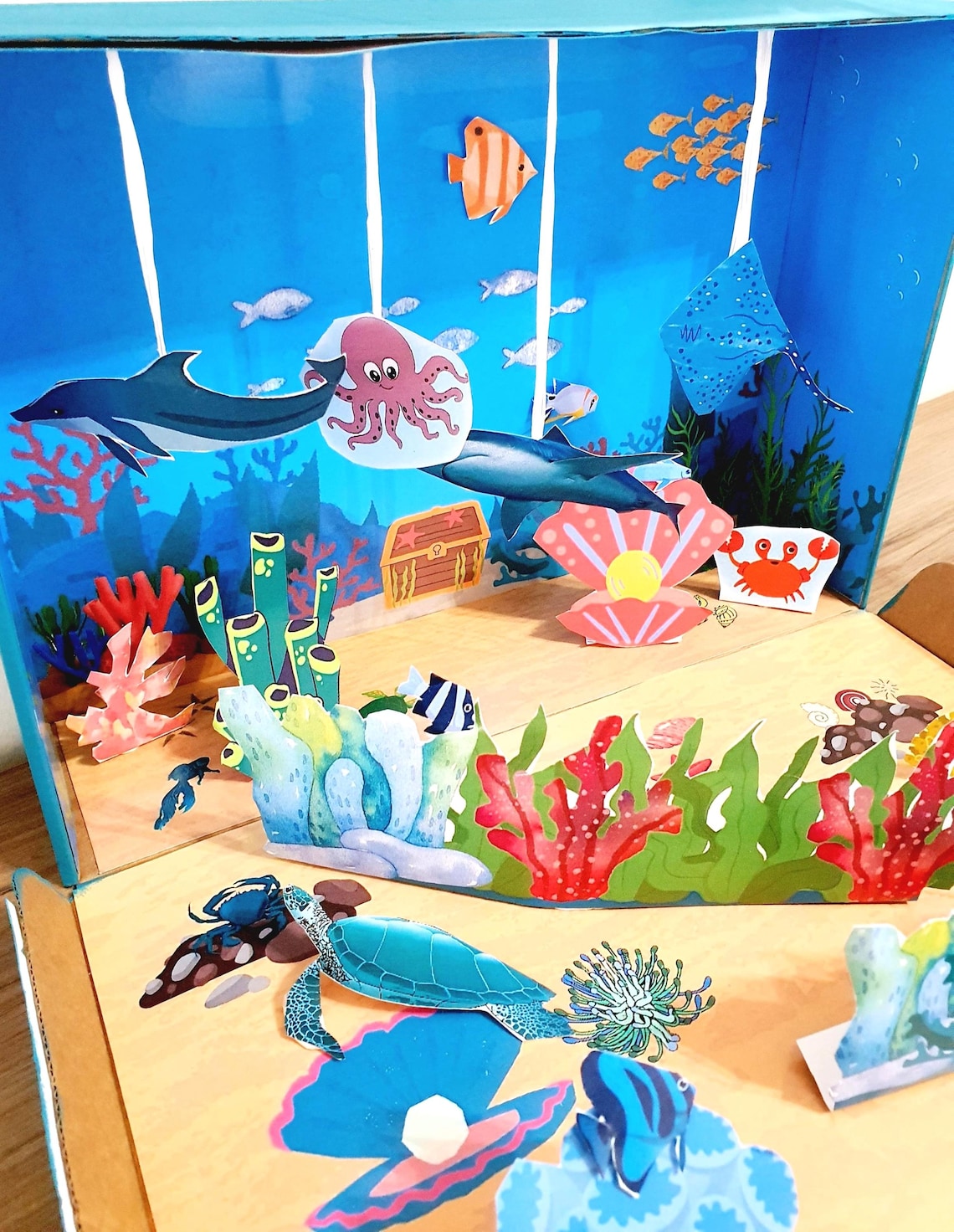 Printable Shoebox Diorama,blue Ocean Sea Habitat Animals Fish Shark ...
