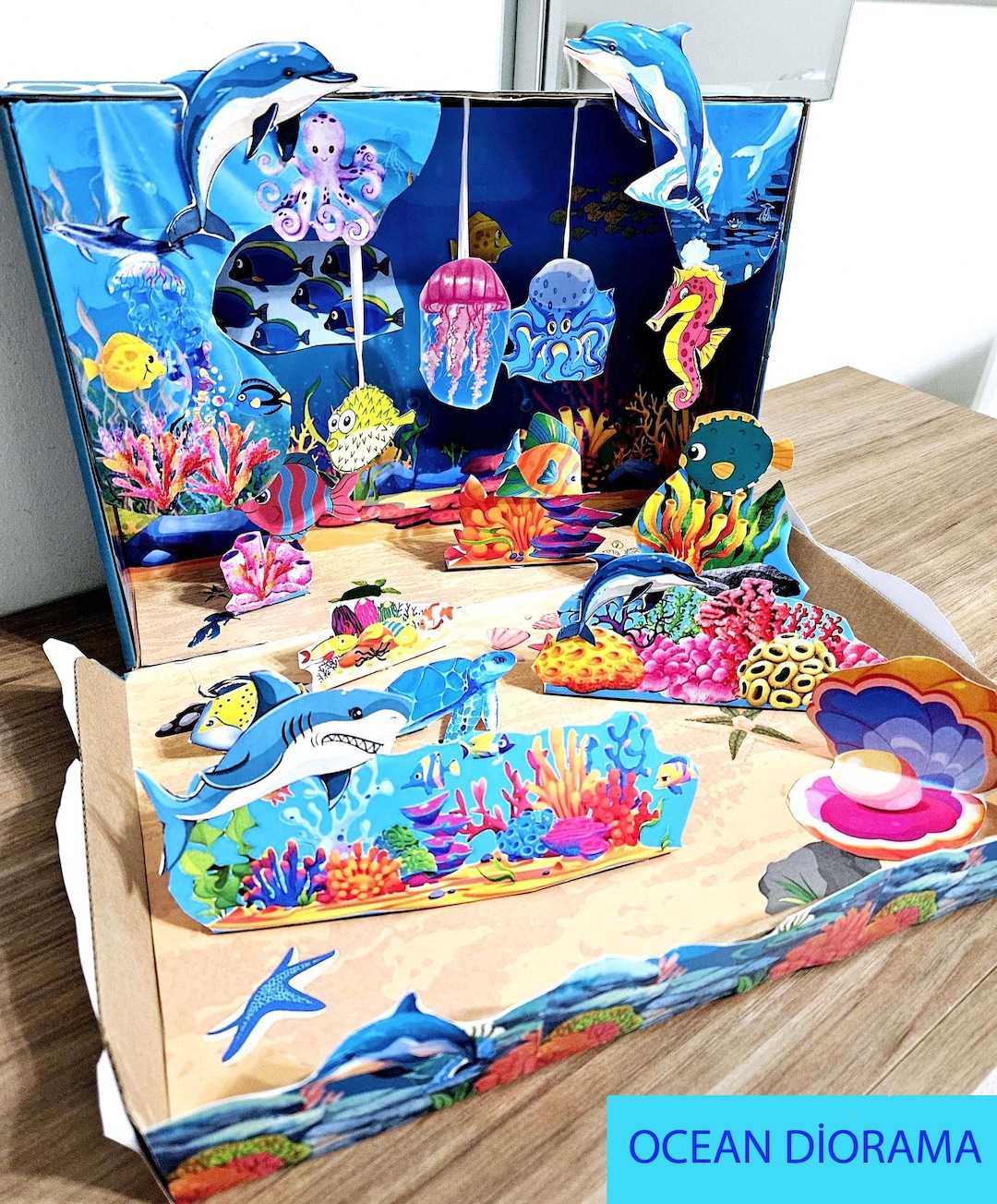 Printable Shoebox Diorama,blue Ocean Sea Habitat Animals Fish Shark ...