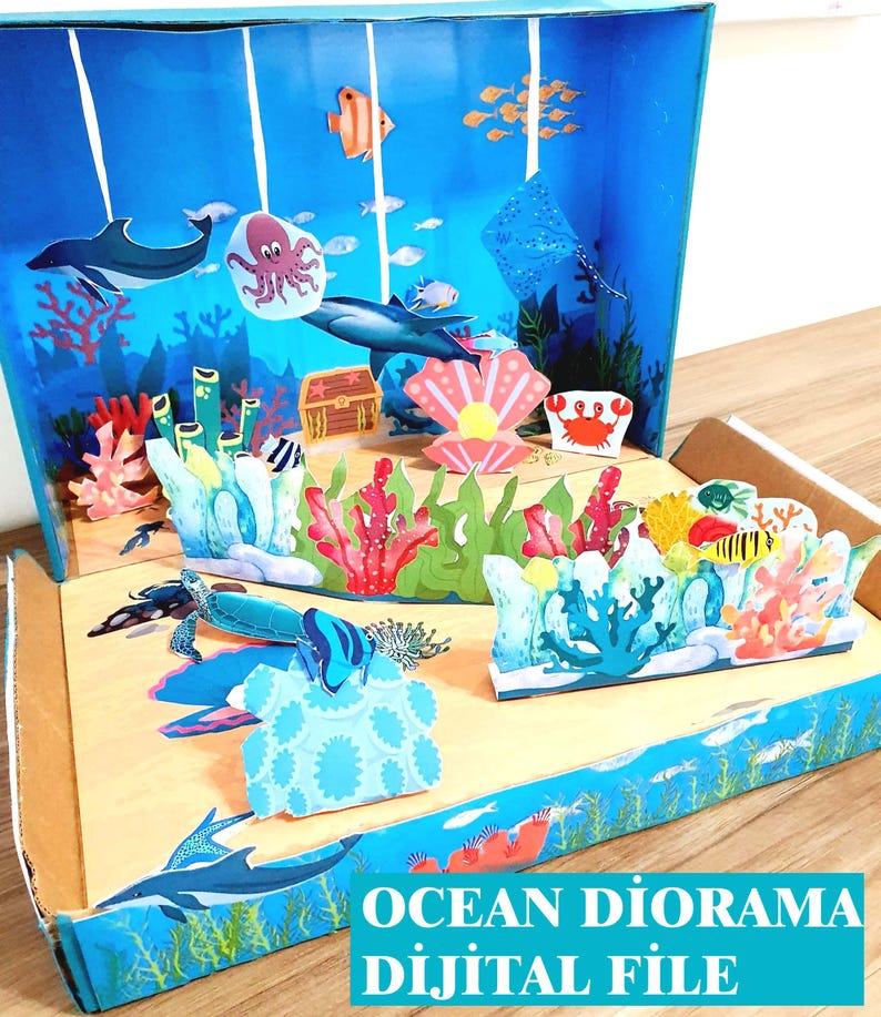 Printable Shoebox Diorama,blue Ocean Sea Habitat Animals Fish Shark ...