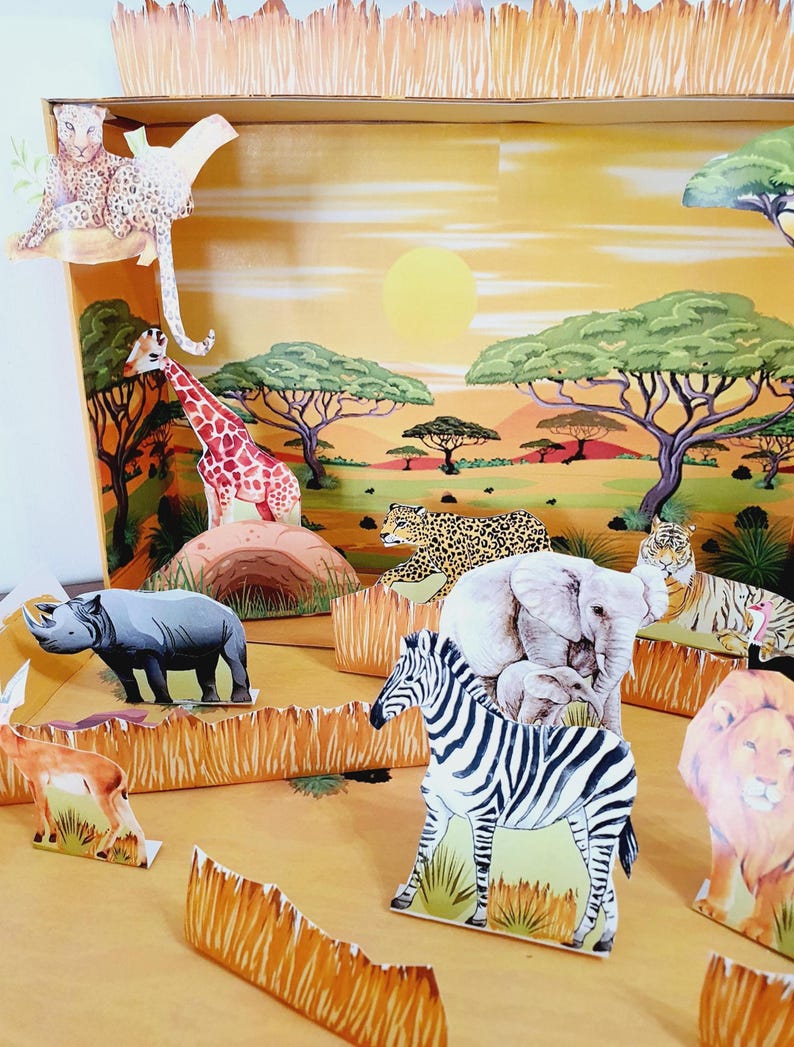 Printable Shoebox Savanna Diorama: Zebra Elephant Lion Tiger Habitat ...